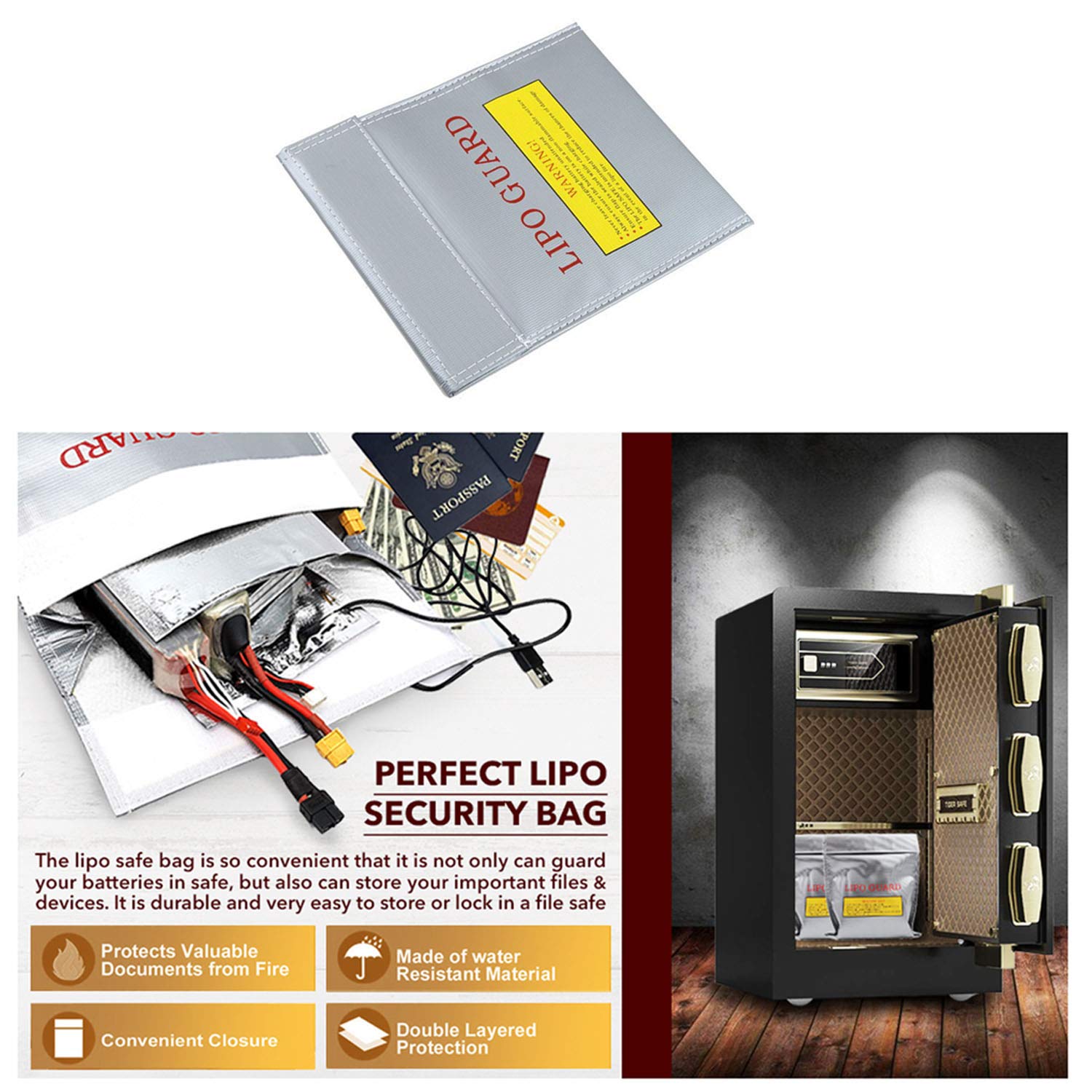RLECS RC Lipo Safe Bag Fireproof Lipo Guard Silver Lithium Charging Bag High Temperature Resistant Battery Sack 23x30cm