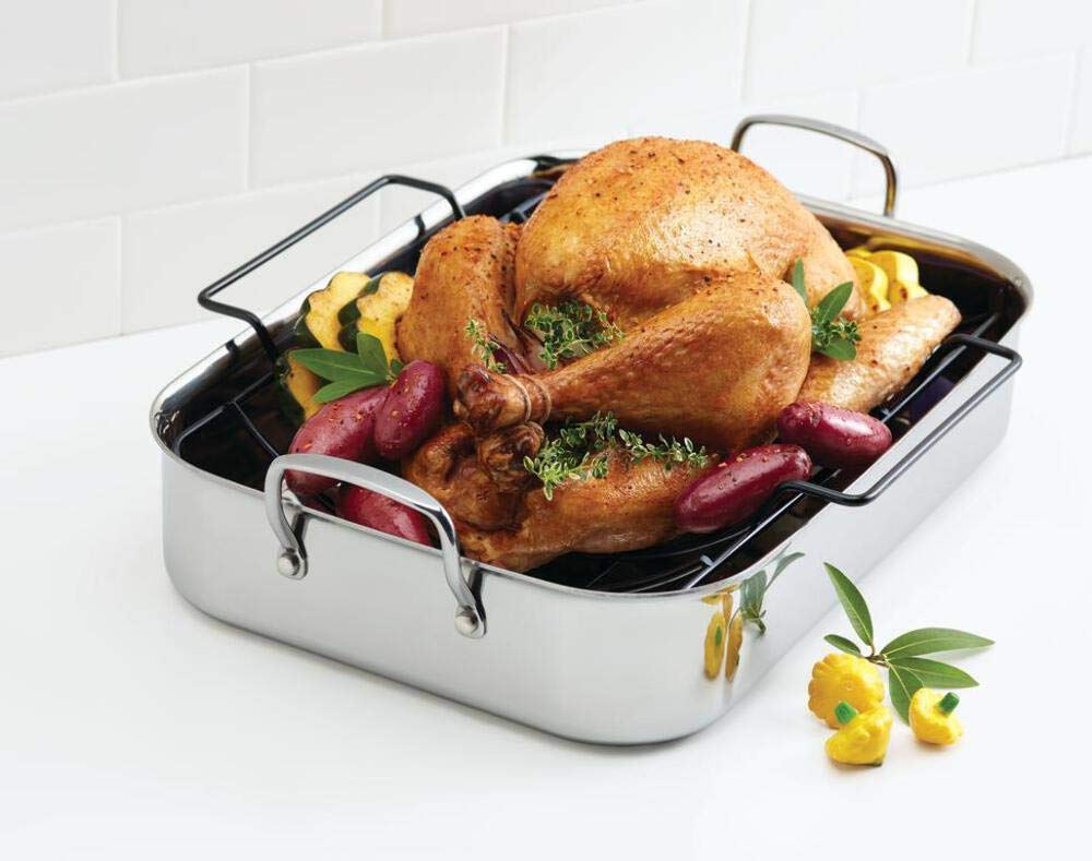 Anolon Triply Clad Stainless Steel Roaster / Roasting Pan with Rack - 17 Inch x 12.5 Inch, Silver