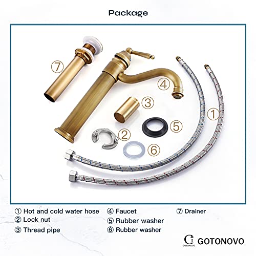Antique Brass Single Handle Bathroom Sink Faucet Brushed Brass Long Reach Bathroom Faucet Mixer Tap Brushed Brass Pop Up Drain Without Overflow Included Hot and Cold Water