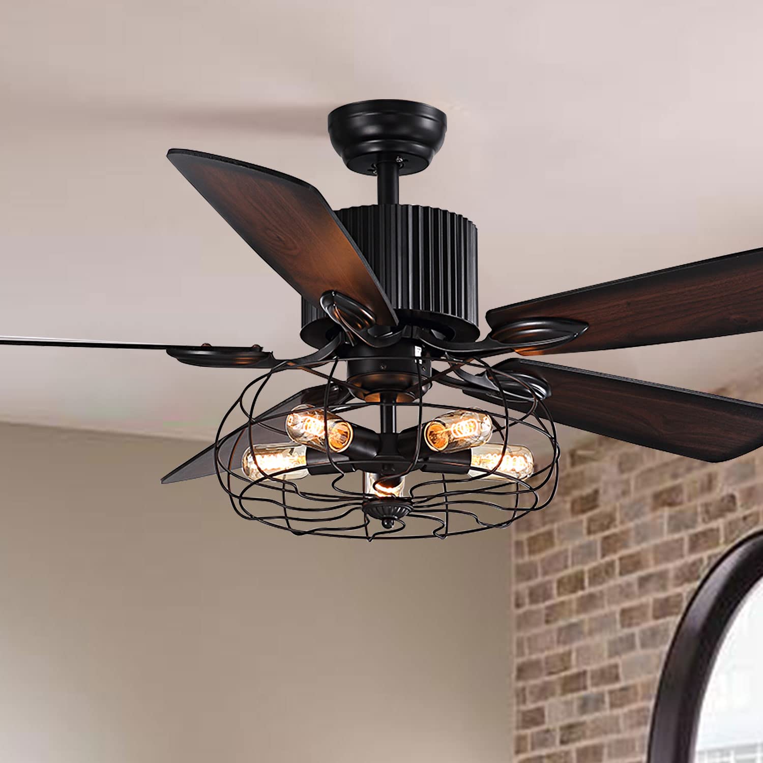 APBEAMLighting Industrial Caged Ceiling Fan Light with Remote Control 52 Inch Vintage Ceiling Fan Light Farmhouse Black Retro Indoor Fandelier with 5 Reversible Wood Blades for Living Room Bedroom