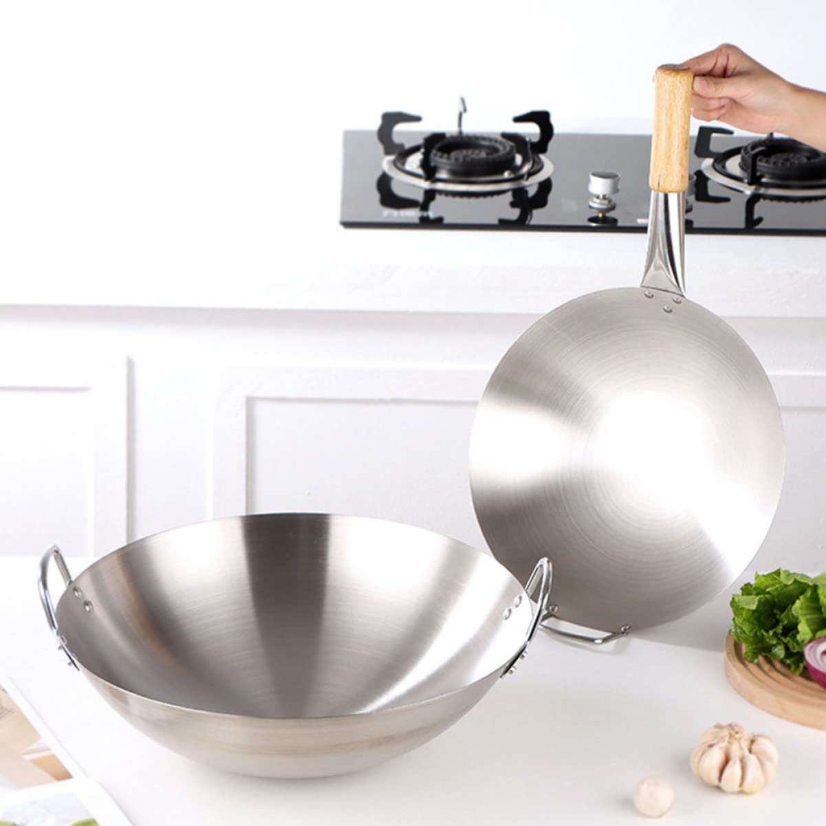Alipis Camping Cooking Pot Stainless Steel Wok Round Bottom Outdoor Pot Woks Stir-fry Pans