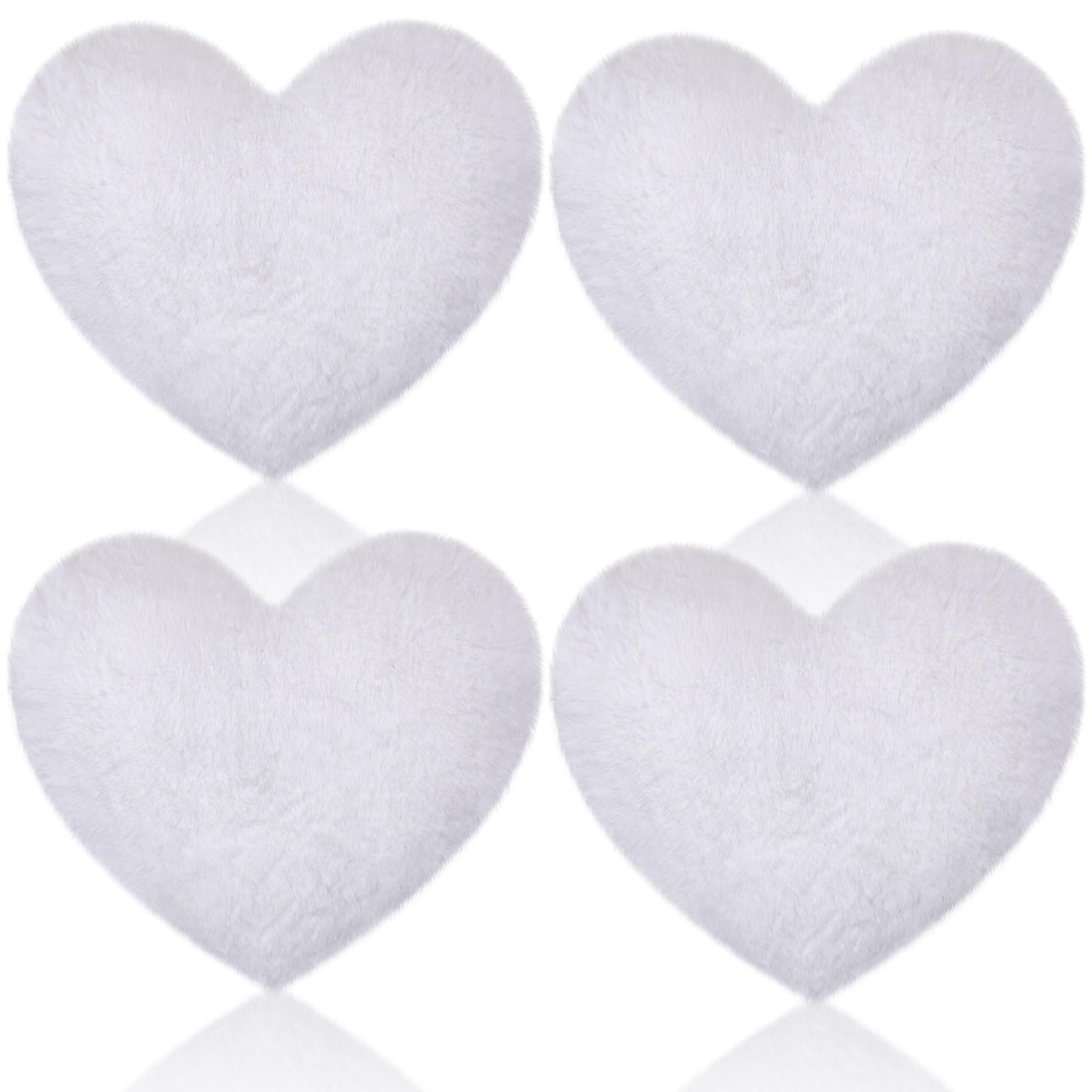 Remerry 4 Pcs Heart Shaped Cute Throw Pillows Faux Rabbit Fur Heart Pillow Soft Fluffy Throw Cushion Decorative for Bedroom Bed Sofa Kid Girls Sleepover Party(White)