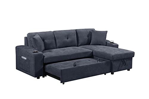 BIADNBZ Reversible Sleeper Sofa Bed 2 in 1 Pull Out Couch with Storage Chaise 2 Cup Holders Two Side Pockets and Pillows for Living Room, Dark Grey