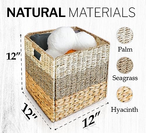 CHI AN HOME Wicker Storage Cubes, 12x12 Storage Cube Bins, Set of 4 Heavy Duty Hyacinth Storage Baskets for Shelves, Natural Foldable Square Baskets for IKEA Kallax, Large Woven Storage Basket, 4 Pack