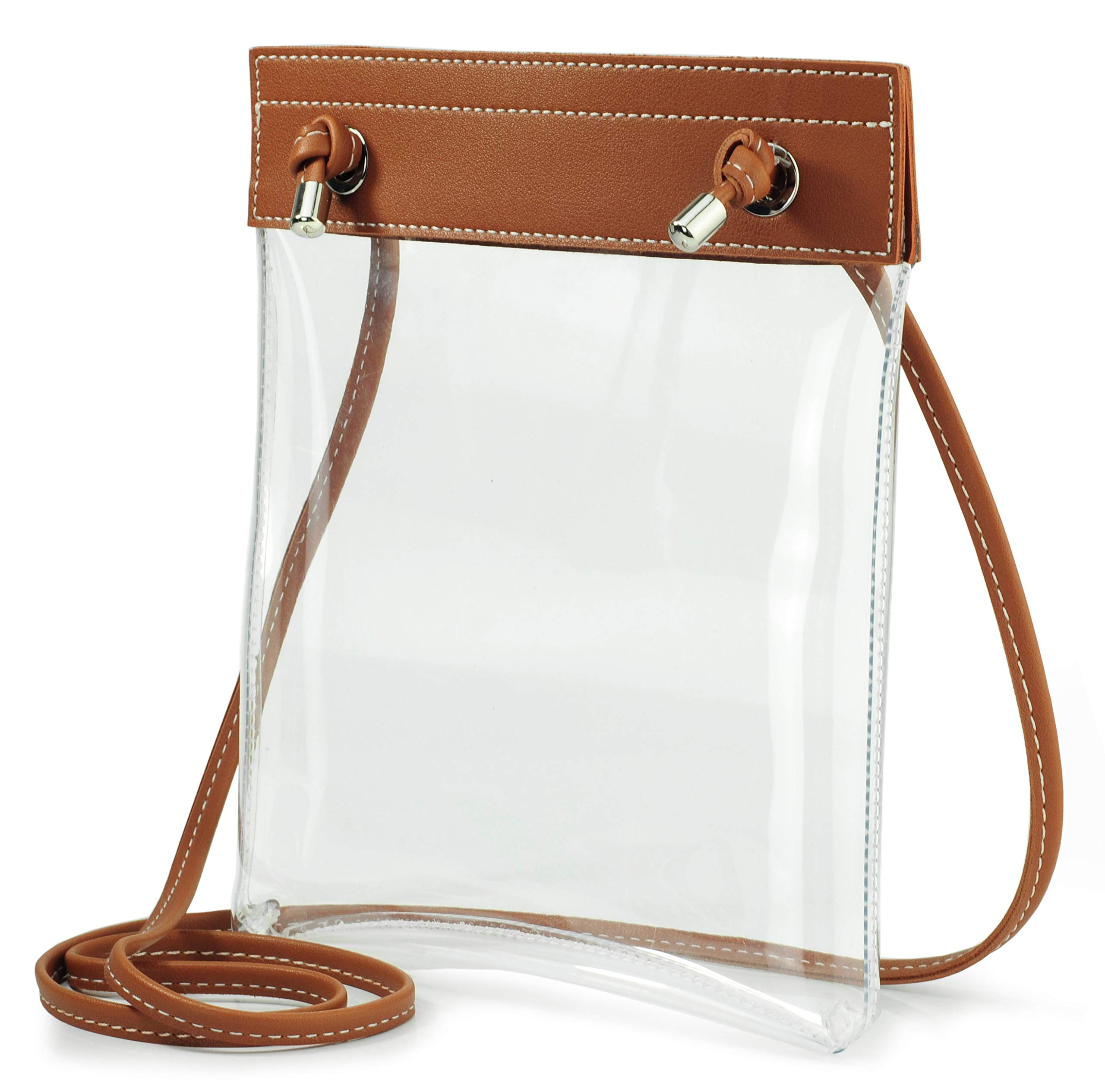 Clear Flat Cross Body Bag Women Single Shoulder Bag for Stadium Approved (Brown)