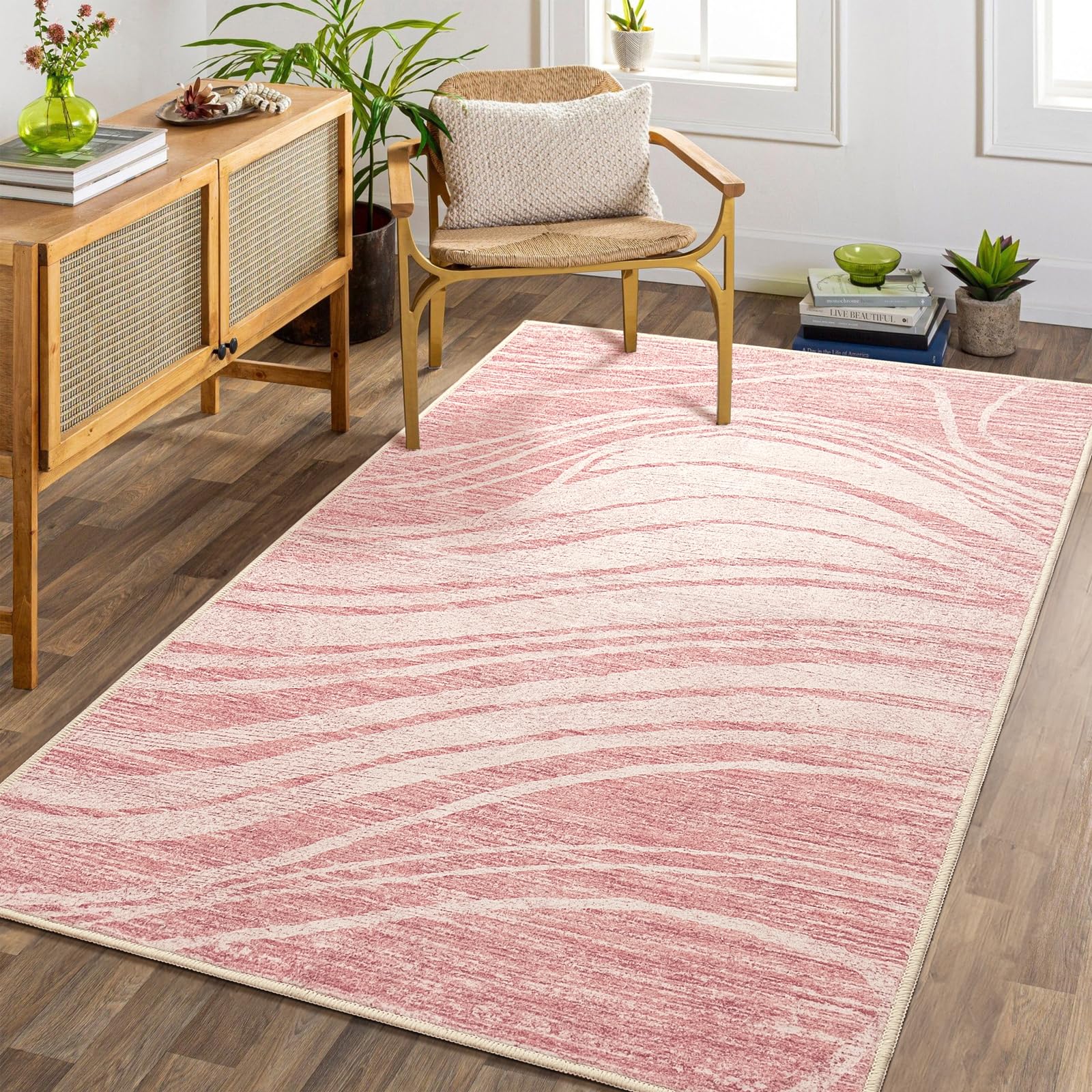 Castage Pink Rug 3’x5’,Washable Rugs for Bedroom Girls Living Room Entryway Kitchen Laundry Room,Modern Blush Small Boho Area Rug Abstract Non Slip Carpet Geometric