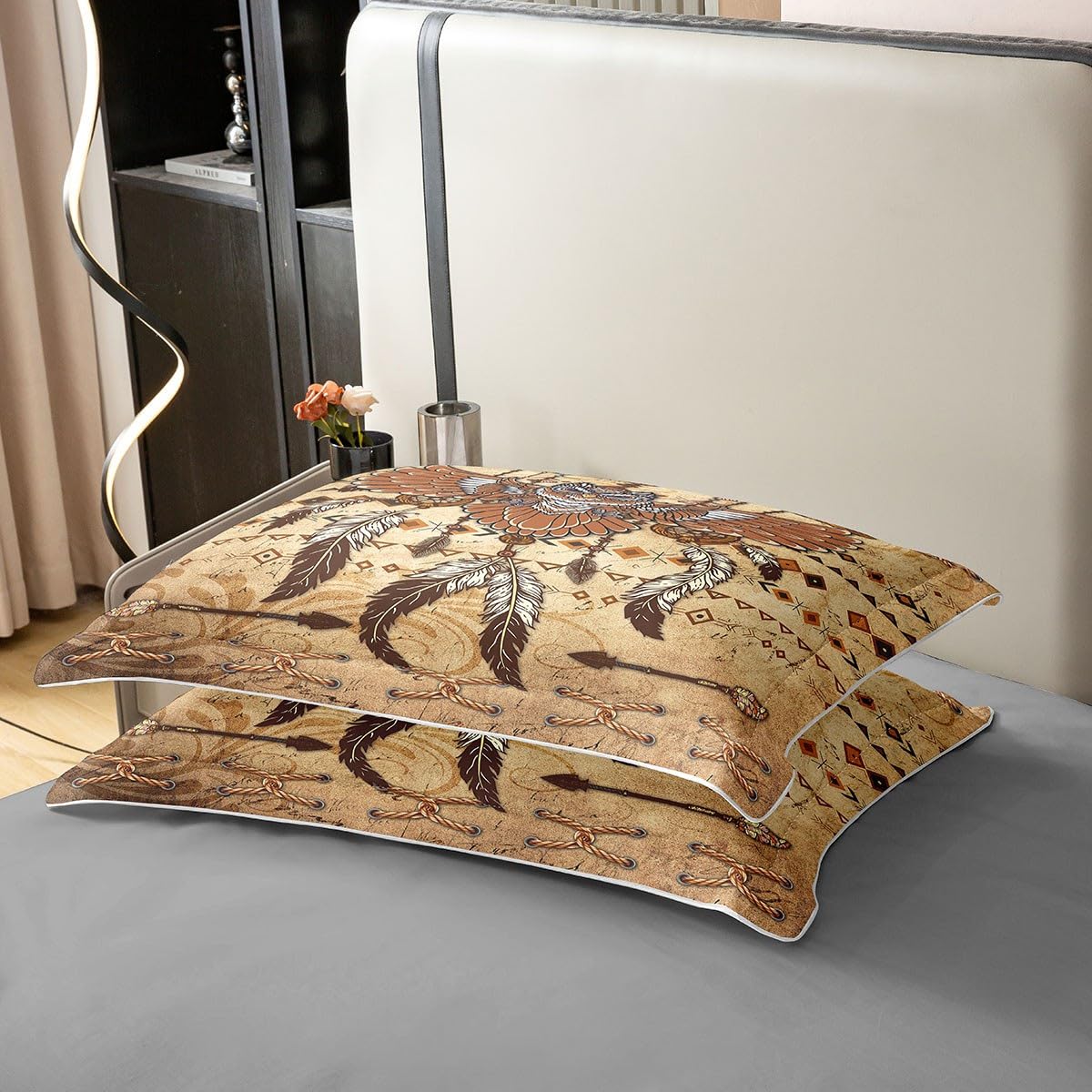 Western Owl 100% Nature Cotton Duvet Cover King Size,Retro Bohemian Dream Catcher Super Soft Bedding Set,Aztec Tribal Geometric Diamond Triangles Comforter Cover Bedding 3 Piece (No Comforter)