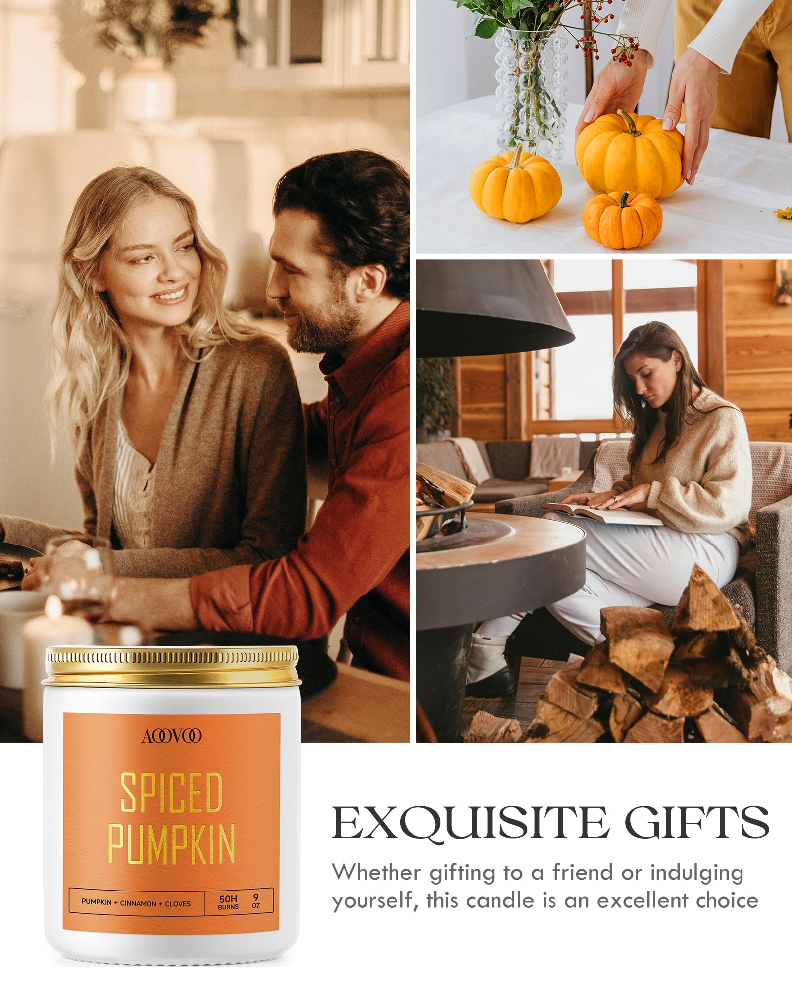 AOOVOO Spiced Pumpkin Candle - Pumpkin Candle, Wood Wick Candles, Fall Candles, Scented Candles, Scented Candles, Soy Candle, 9oz