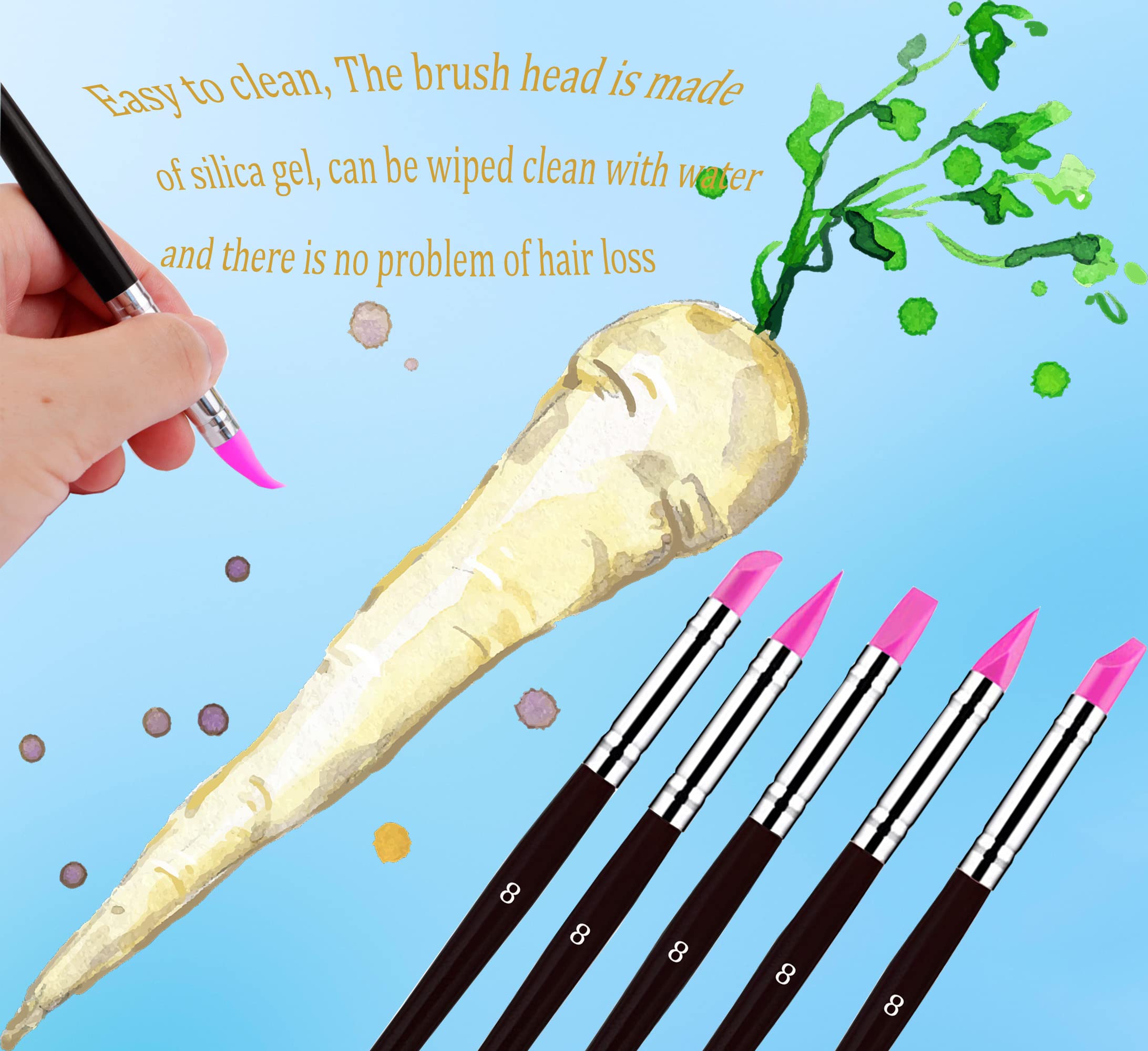 Sdanart Professional Silicone Rubber Tip Paint Pens Brushes,5pcs Silicone Paint Brush,Silicon Color Shapers Brushes,Rubber Paint Brush,Silicone Artist Brushes,Flexible Clay Sculpture Tools (Size 8)