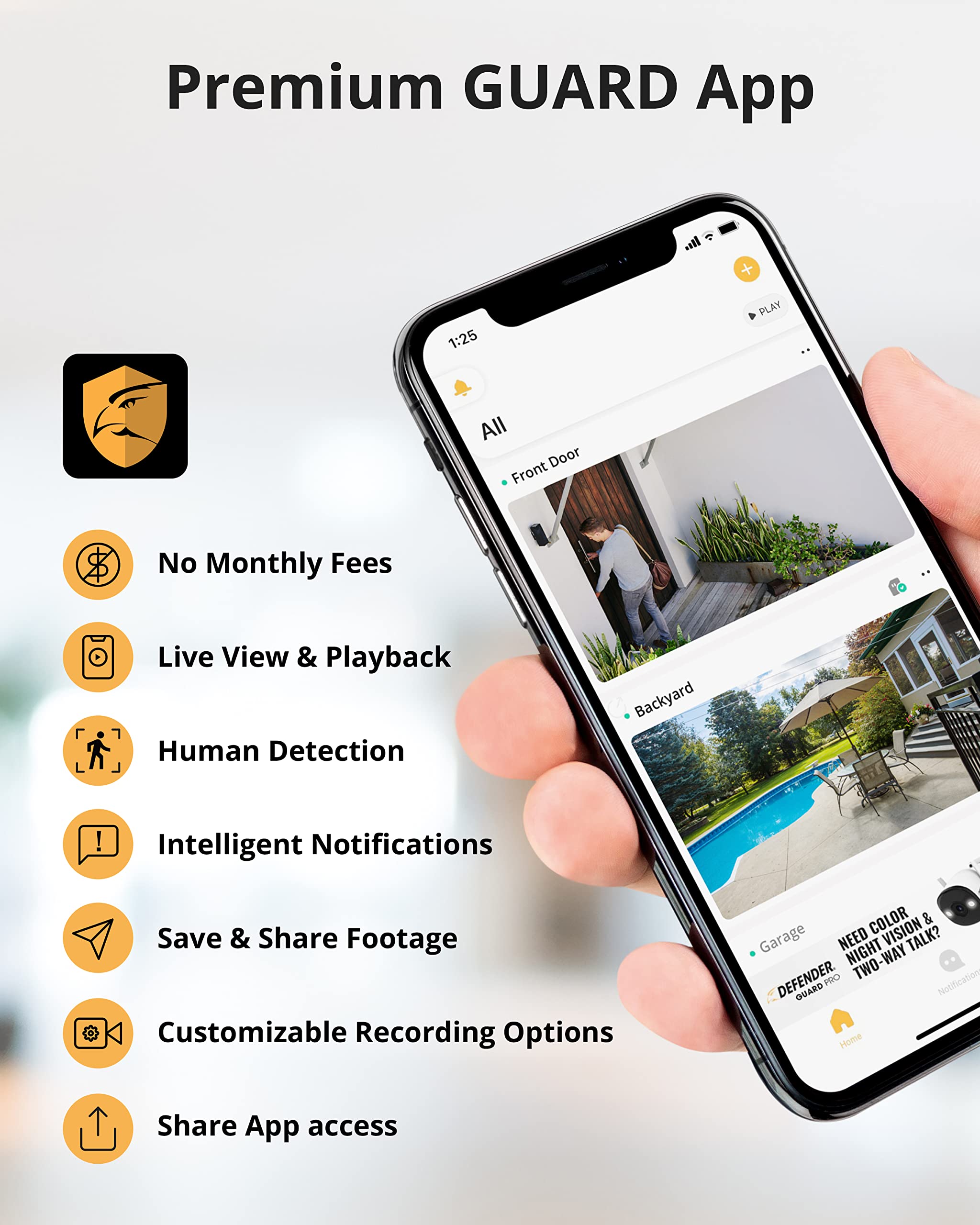Defender Guard Pro 2K WiFi. Plug-in Security Camera with Color Night Vision, Two-Way Talk, Smart Human Detection, Spotlight & Siren (1 Camera, 32GB)