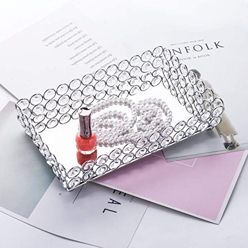 Feyarl 10 Inch Crystal Cosmetic Tray Rectangle Vanity Tray Makeup Jewelry Trinket Organizer Mirror Decorative Tray Perfume Skin Care Organizer Christmas Party Coffee Table(Silver)