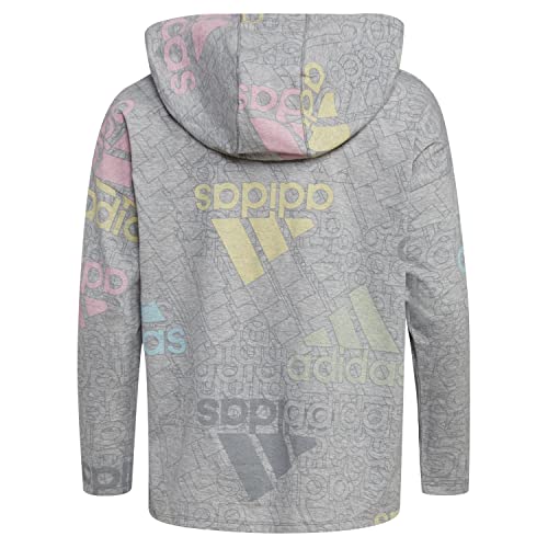 adidas Girls' Long Sleeve Hooded Graphic Tee, Grey Heather with Multicolor, 6