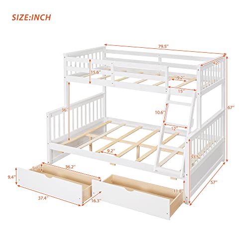BIADNBZ Twin Over Full Bunk Bed with Two Drawers, Convertible Bunkbeds, Solid Wood Bedframe Furniture with Storage and Ladder, for Kids Teens Adults Bedroom, White