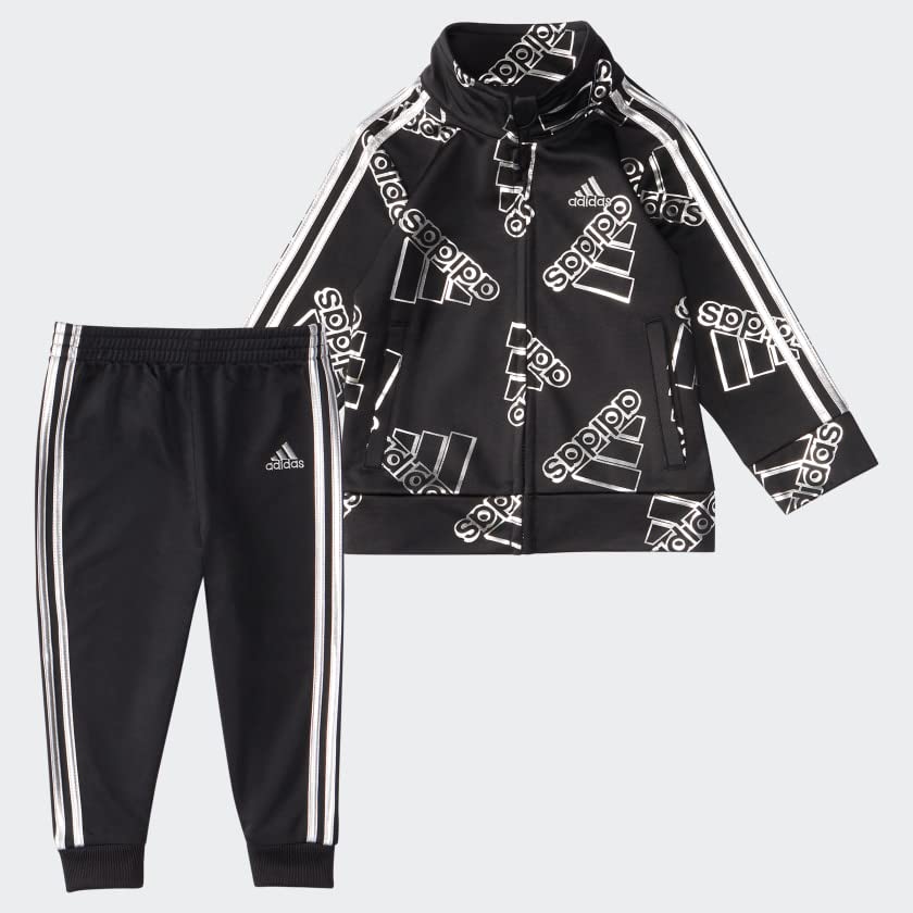 adidas Girls' Zip Front Printed Tricot Jacket and Joggers Set, Black with Silver, 5