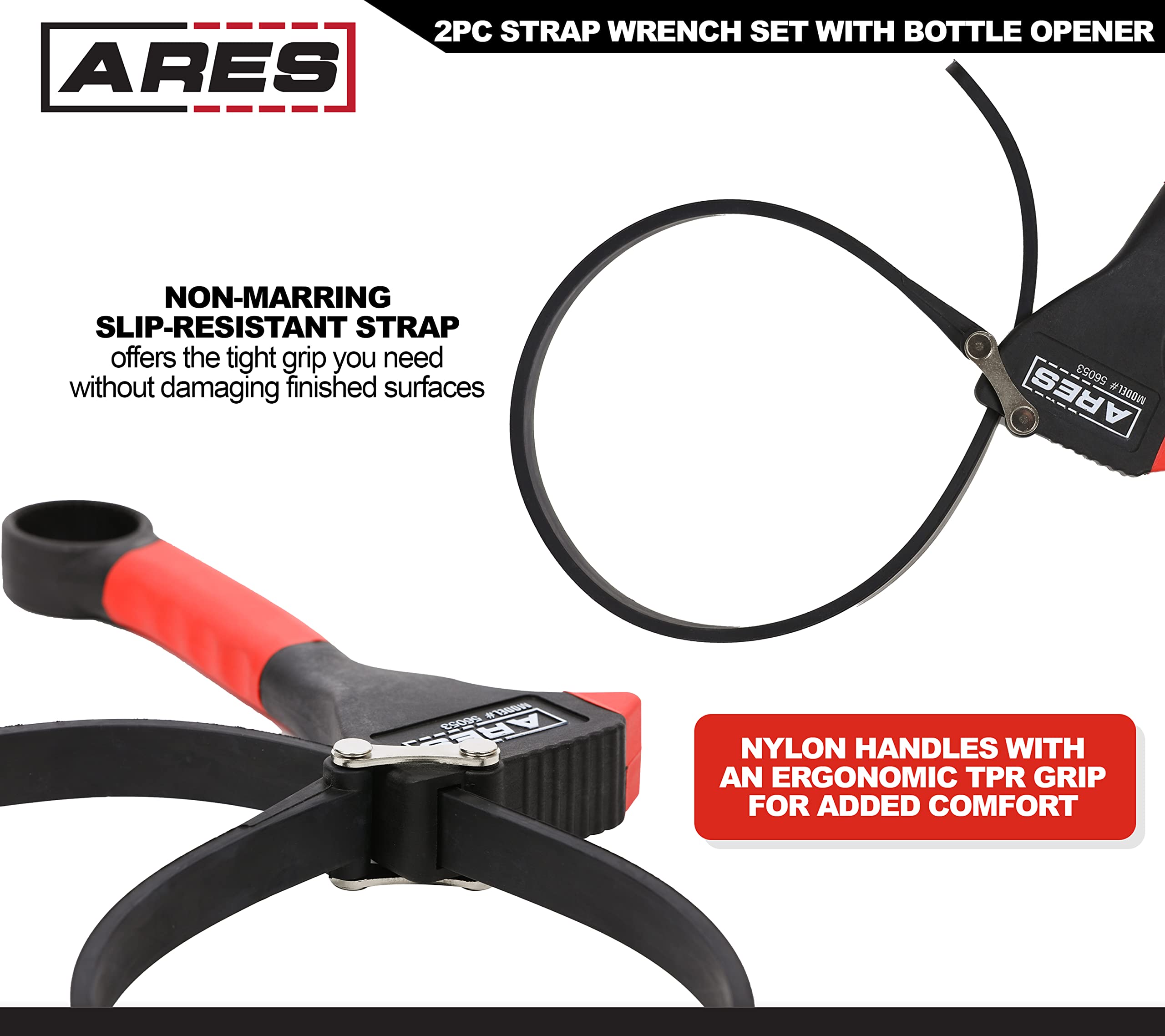 ARES 56034-2-Piece Rubber Strap Oil Filter Wrench Set - Adjustable Up to 4-inch and 6-inch Diameter - Non-Marring Slip Resistant Strap Wrench - Ergonomic TPR Handles