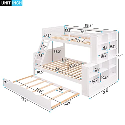 BIADNBZ Twin Over Full Bunk Bed with Trundle and Shelves, Can Be Separated into Three Separate Platform-Beds for Teens/Adults, Space-Saving Design, White