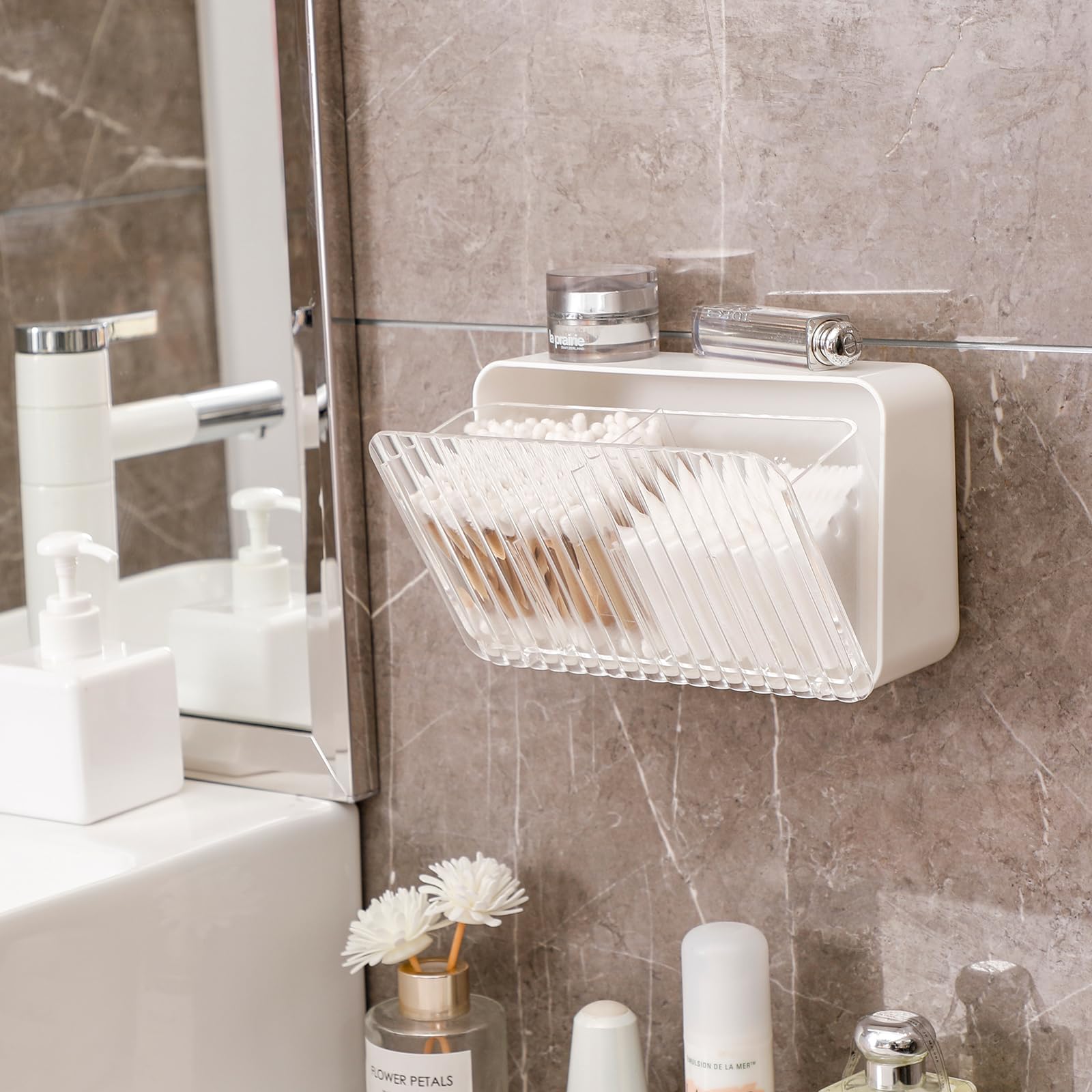 FABROK 2Pcs Wall Mounted Storage Organizer for Cotton Pads, Qtip Holder Dispenser with 2 Compartments, Bathroom Vanity Storage Canister for Cotton Swab, Makeup Pads, Hair Clips, Hair Ties(White-2PCS)