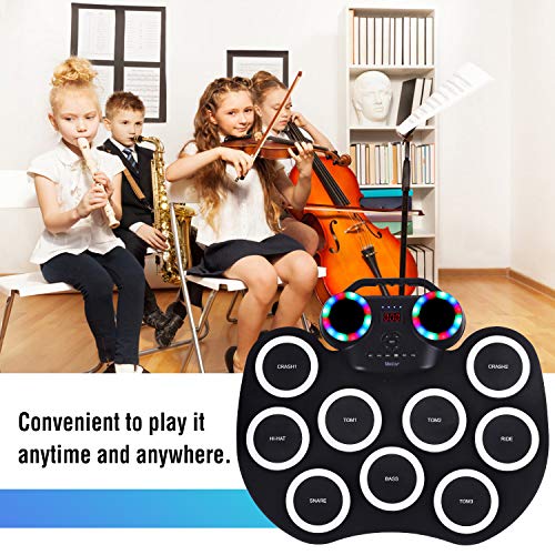 9 Pads Electronic Drum Set Roll up LED Lights Pratice Drum,Bluetooth,MIDI,Built-in Speaker,Long Hours Playtime Portable Drum,Birthday Festival Gift for Kids and Beginners
