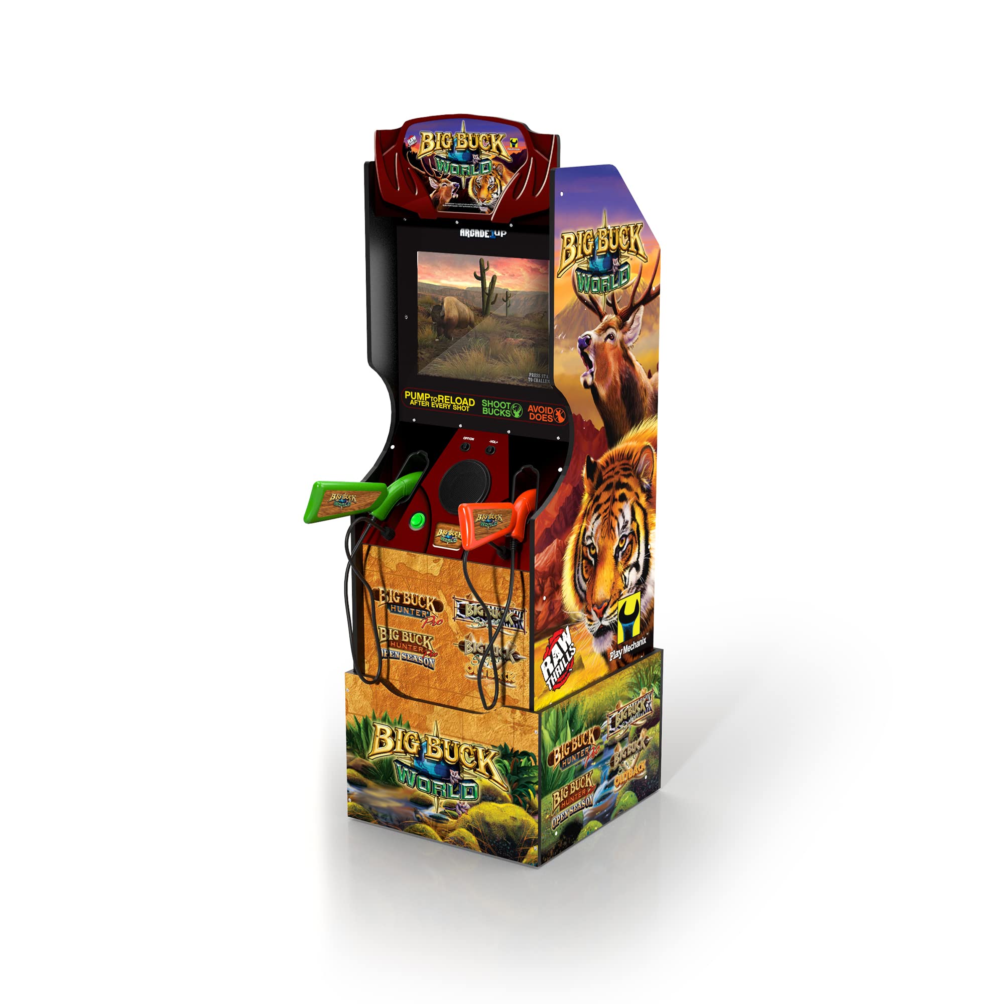 Arcade1Up Big Buck World Arcade Machine, 4-Foot — 2 Player Arcade Game Machine for Home — Includes Branded Arcade Game Riser, 4 Games in 1, and 2 “Light Gun” Game Rifles
