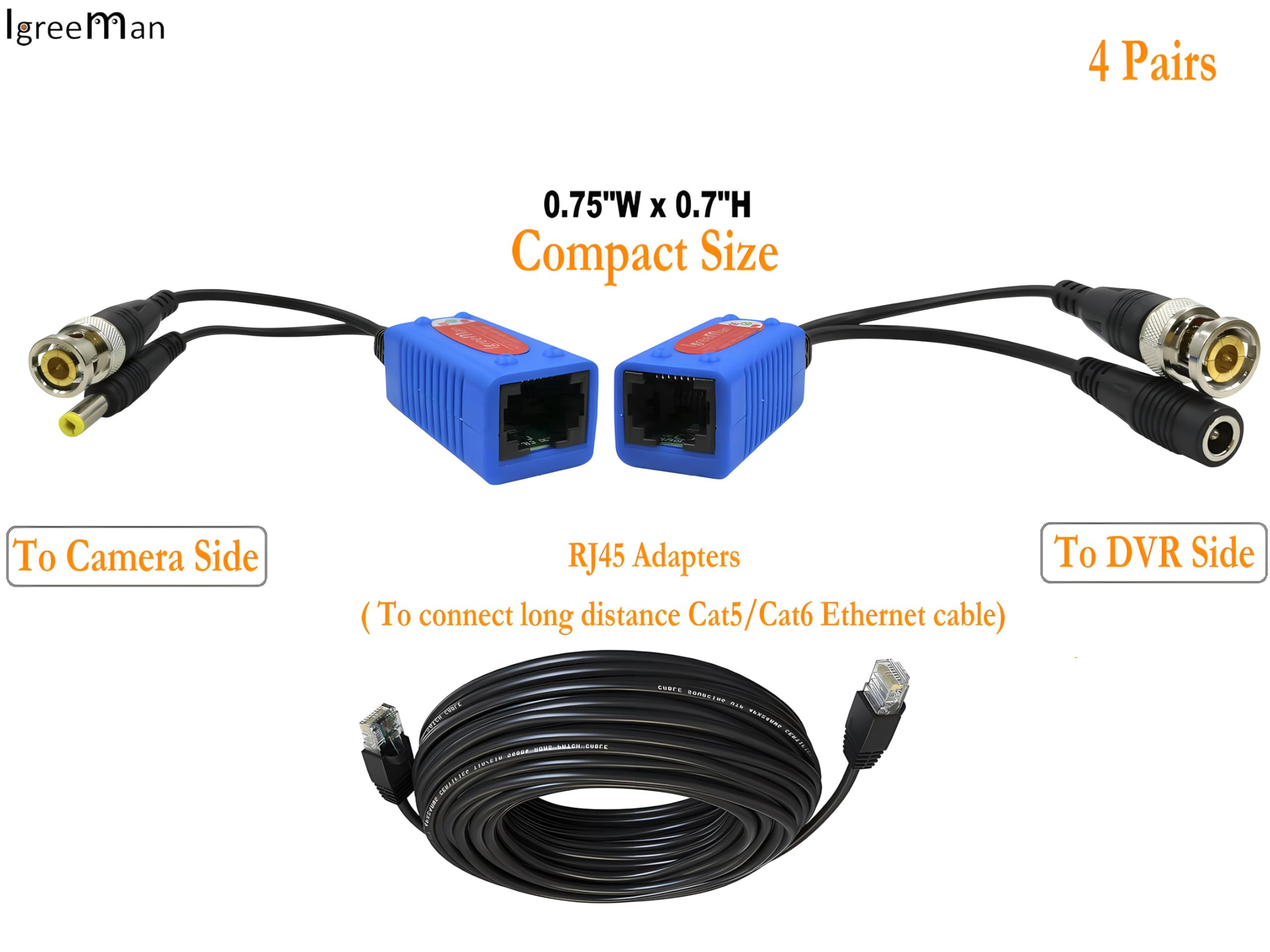 Igreeman 4 Pair Passive Video Balun BNC to RJ45 Adapter with Power, 1080P-8MP Surveillance Analog Camera Ethernet Cable Transceiver, Cat5e/Cat6 Cable to BNC Male Connector