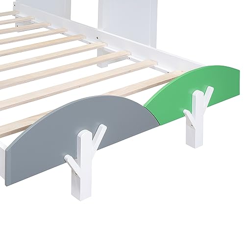 BIADNBZ Twin Size House Bed Frame with Desk and Two Handles, Wooden Platform Bedframe w/Windmill, Roof&Flower Decor, for Kids Boys Girls Bedroom, White