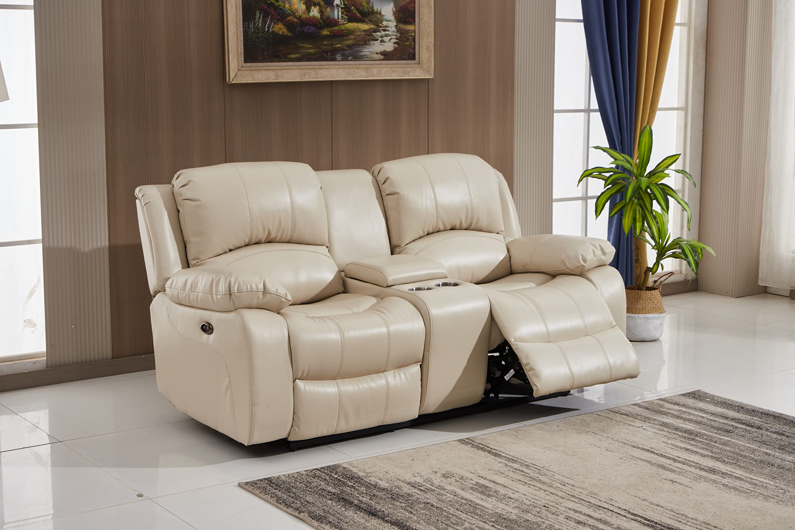 Betsy Furniture Power Reclining Bonded Leather Living Room Set (Beige, Loveseat)