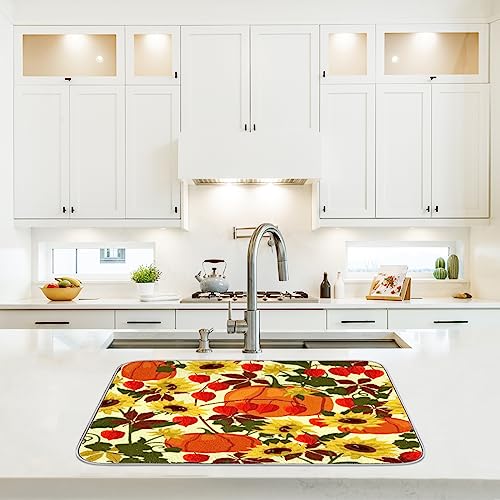Dish Drying Mat for Kitchen Counter 16x18 Drying Rack Pad Absorbent Microfiber Reversible Kitchen Accessories Fall Pumpkin Sunflower