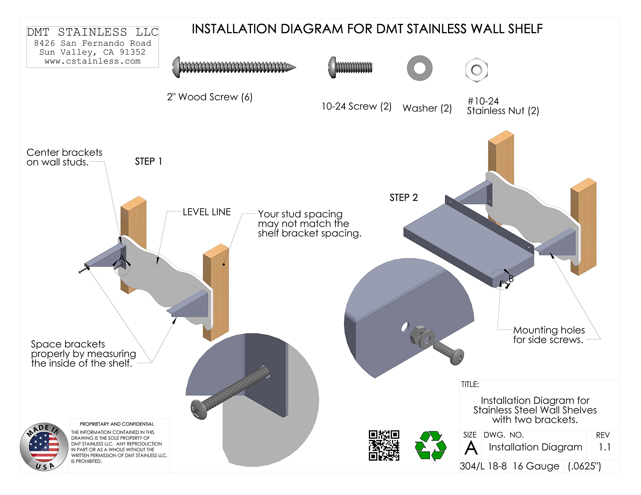 DMT Stainless Wall Shelf. 60" X 8" Deep. Made in USA. 16 Gauge 304/L Stainless Steel.