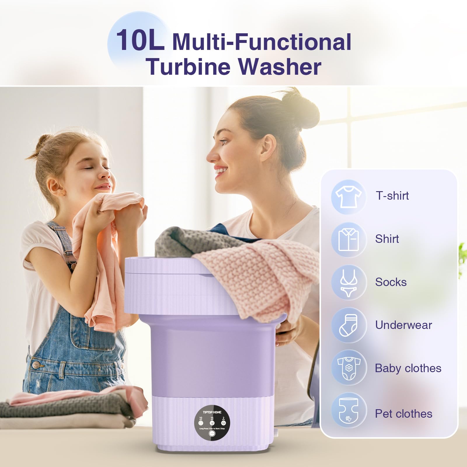 Portable Washing Machine, 10L Foldable Washer Machine, 3 Modes Deep Clean Small Item Baby Clothes Pet Supplies Underwears Socks Towels Suitable for Apartment Laundry Camping Travel
