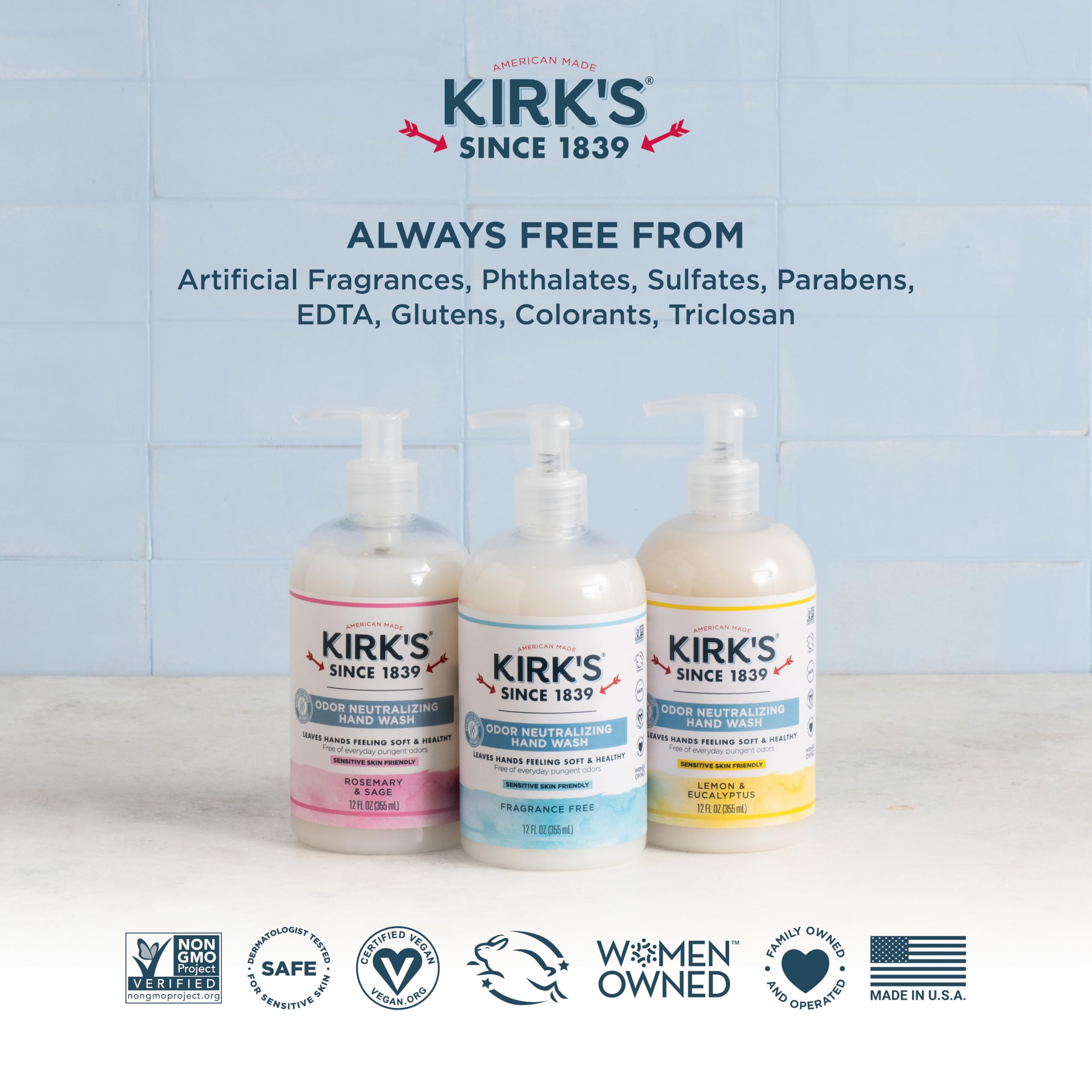 Kirk's Hydrating Hand Wash - Made with Premium Coconut Oil and Aloe Vera, With Plant Based Technology To Help Eliminate Odors, Non GMO, Vegan, Fragrance Free, 12 Fl Oz. 4 pack