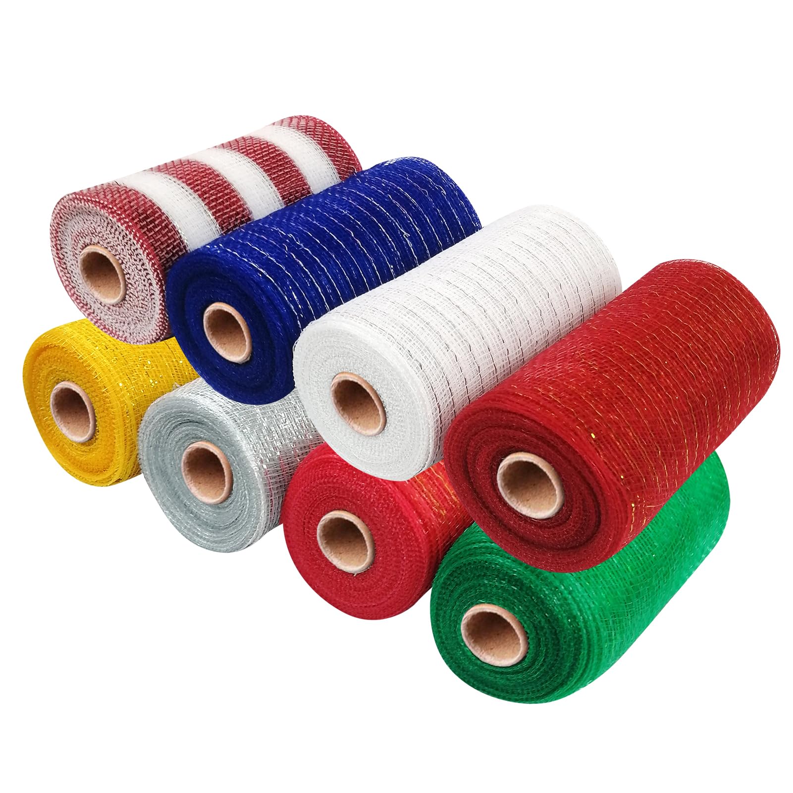 8 Rolls Christmas Mesh Ribbon, Christmas Mesh Fabric Ribbons with Metallic Foil Poly Deco Mesh Ribbon for Christmas Xmas Tree Bows Garland Decoration