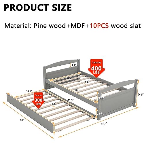 Anwickmak Wooden Twin Daybed with Trundle, Trundle Bed Twin, Modern Platform Day Beds Frames for Kids,Teens,Boys,Girls,Solid Wood Slat Support,Noiseless,No Box Spring Needed,Easy Assemble (Grey)