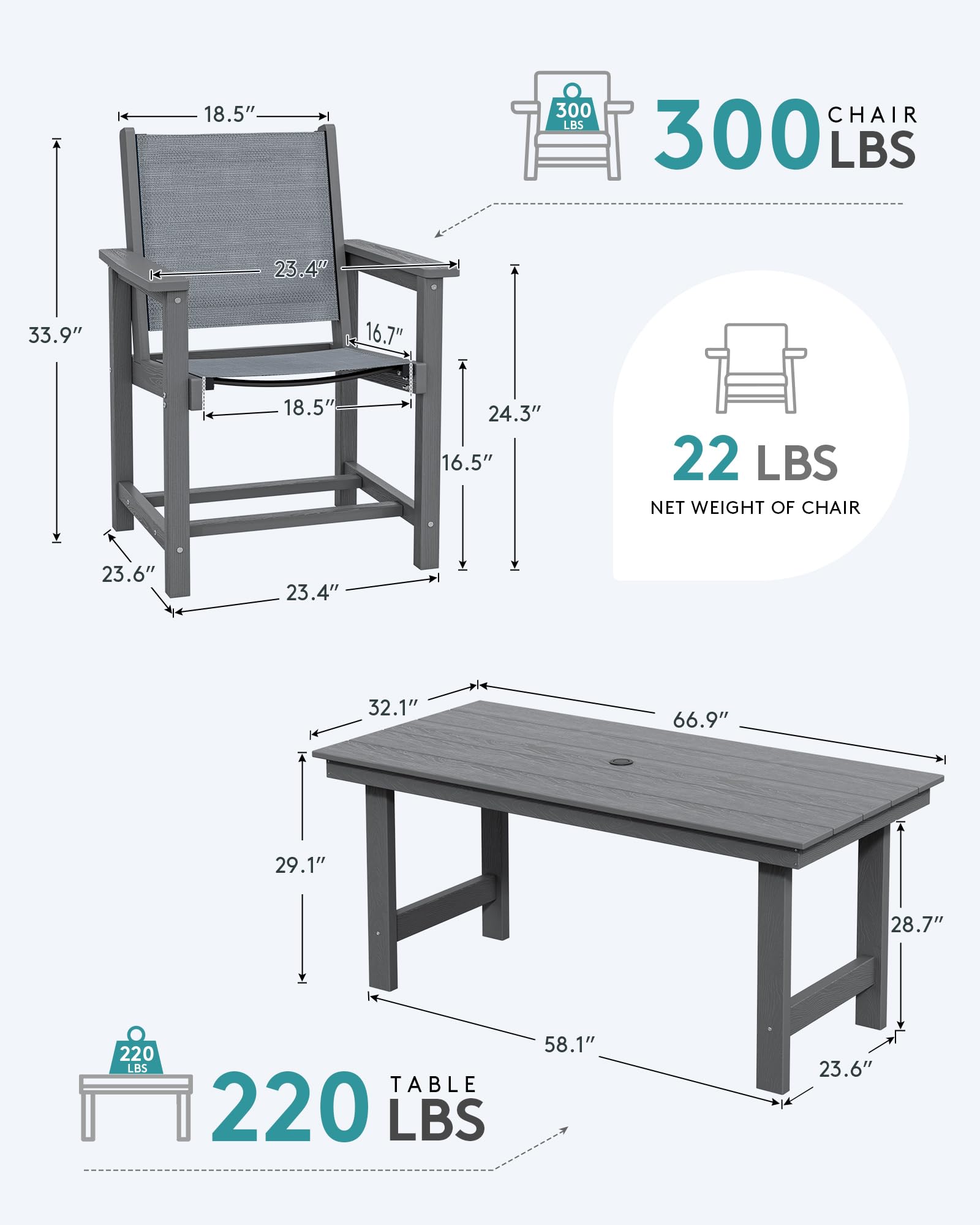SERWALL 7 Piece Outdoor Dining Table Sets for 6 with 1 Umbrella Hole Cut-Out Rectangular Table and 6 Textilene Chairs, HDPE Dining Table Sets for Garden, Backyard, Poolside, Gray