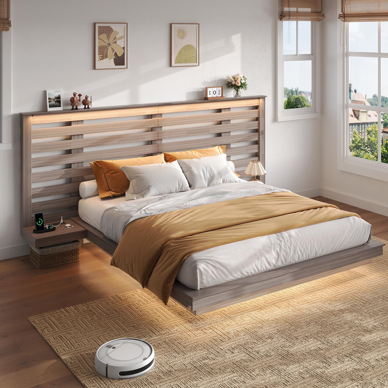AMERLIFE Farmhouse Queen Floating Bed Frame with 96" Extended Headboard & Bedside Storage Shelf, Wood Platform Bed with LED Lights & Charging Station, No Box Spring Needed/Noise Free Taupe