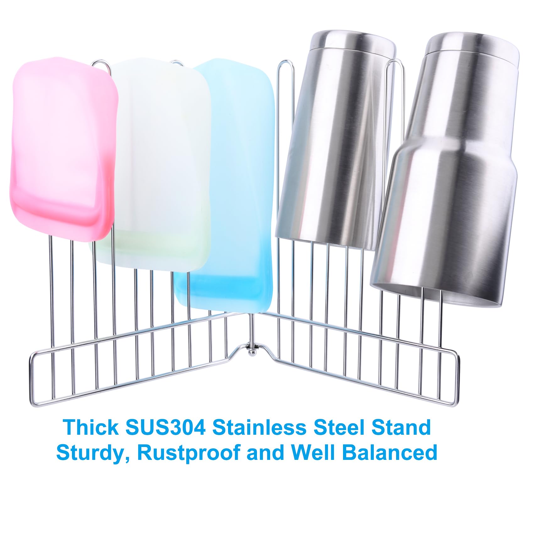 LEKUSHA Reusable Bag Drying Rack, Foldable Freezer Bag Dryer, SUS304 Stainless Steel Drying Stand for Gallon, Quart, Sandwich, Snack Bag, Plastic Silicone Storage Bag