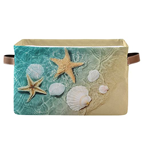 MNSRUU Storage Basket Cool Starfish Shell Beach Collapsible Organizer Basket with PU Handles, Waterproof Nursery Storage BinïŒ1 Pack