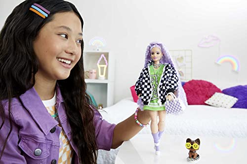Barbie Extra Doll & Accessories with Crimped Lavendar Hair & Brown Eyes, 15 Toy Pieces Include Pet Puppy