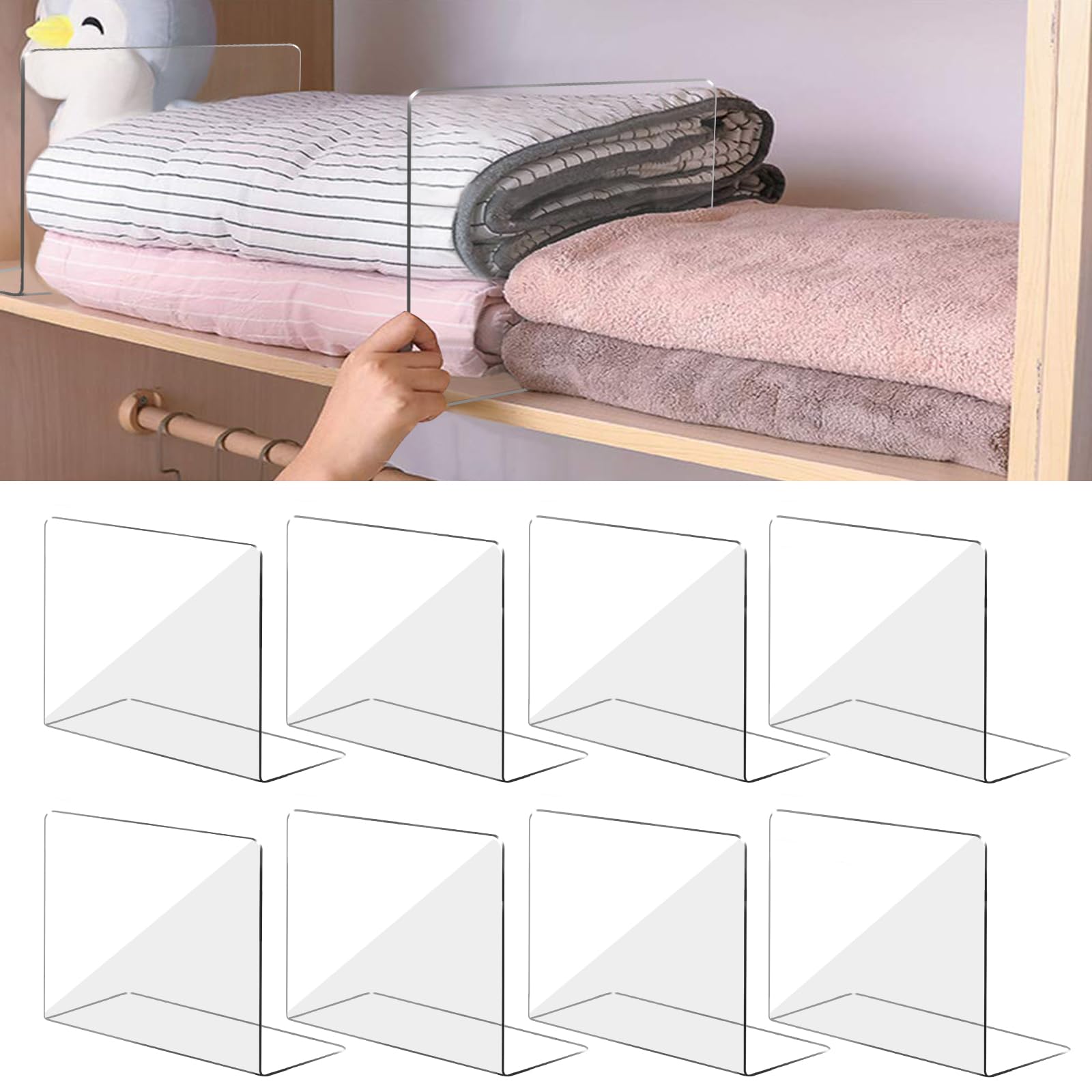 OKPOW Acrylic Shelf Dividers for Closet Organization: 8 Pack Tall Durable Clear Shelves Separators for Clothing Adjustable