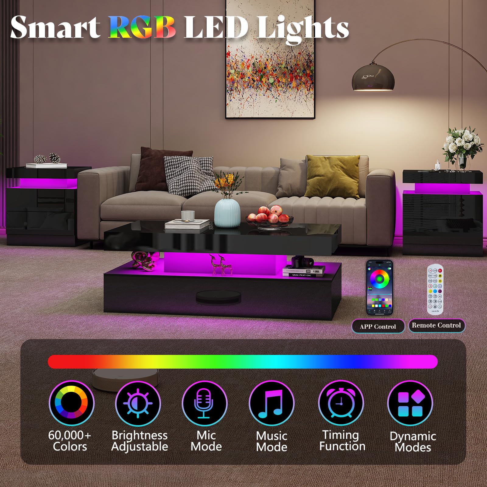 AMERLIFE High Gloss LED Nightstand Set of 2 with Charging Station, Modern Bedside Table Night Stand with LED Lights, Sofa End Side Tables with Drawers for Bedroom, Black