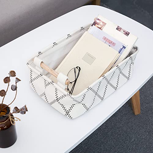 LUFOFOX Decorative Collapsible Rectangular Fabric Storage Bin Organizer Basket with Wooden Handles for Clothes Storage, 11"×7.1"×3.9", White