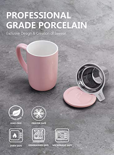 Sweese 16 OZ Porcelain Tea Mug with Infuser and Lid, Loose Leaf Tea Cup, Gifts for Tea Lover, Pink - 203.108