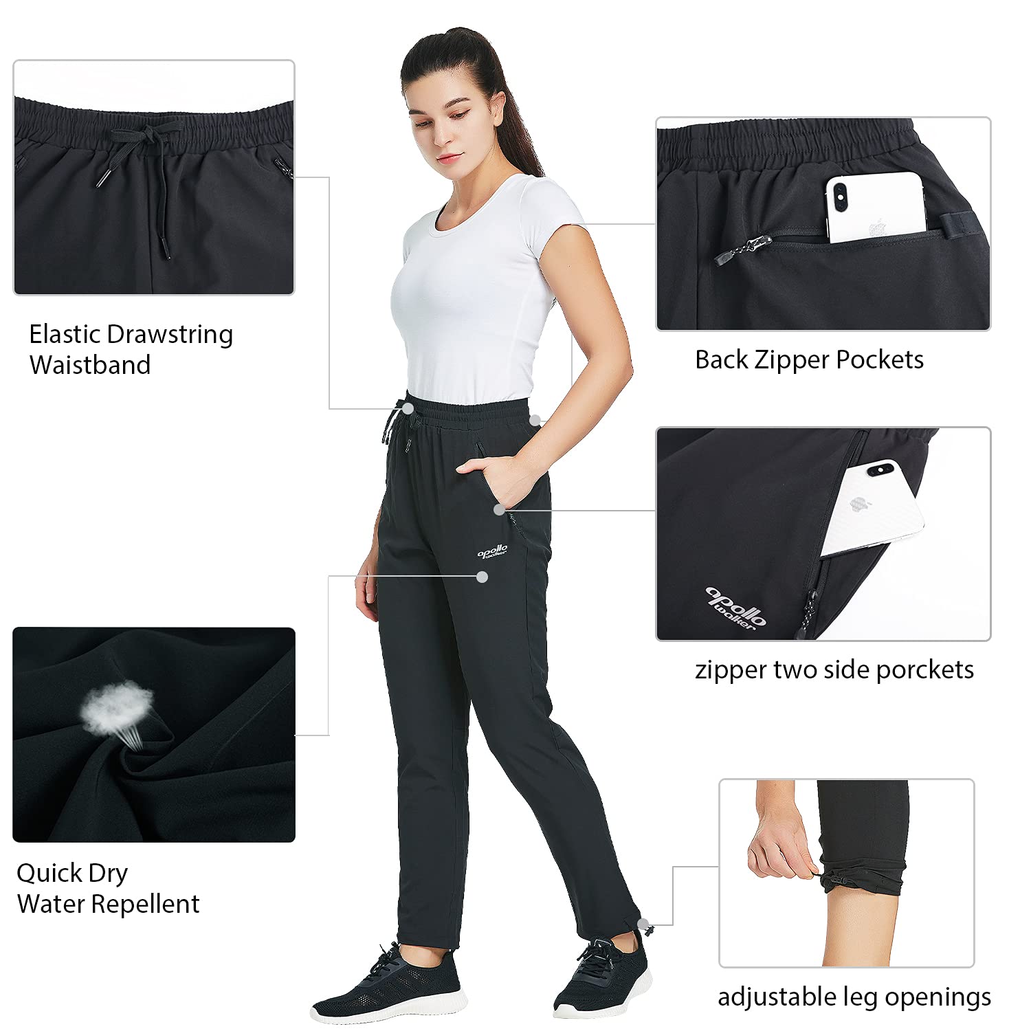 apollo walker Women's Hiking Pants Casual Quick Dry Cargo Capri, Active Lightweight Jogger Outdoor, UPF 50+ Black