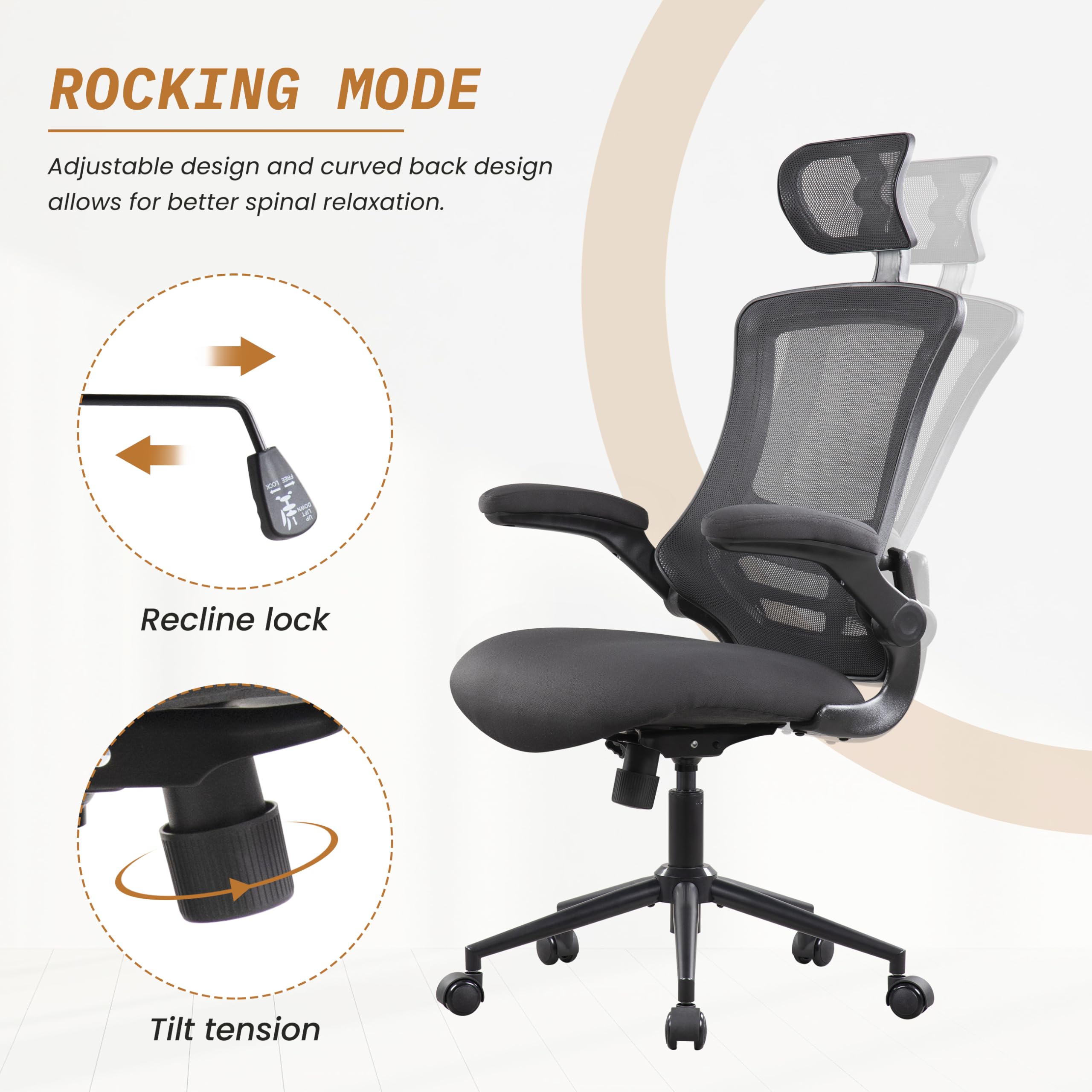 BOJUZIJA Ergonomic Office Computer Desk Chair,Adjustable Headrest,Flipped Arms,Lumbar Support 360°Swivel Task Chair -Black