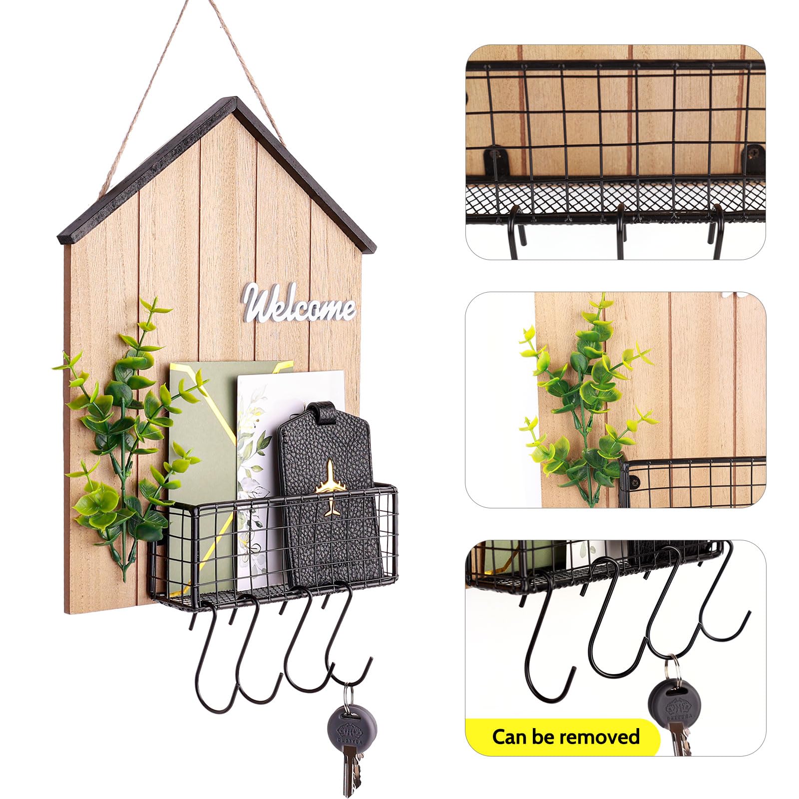 LORDLDS Key Holder for Wall Decorative, Farmhouse Mail Organizer Wall Mounted with 4 Removable S-Hooks for Entryway, Hallway, Kitchen, Living Room, Office (Eucalyptus)