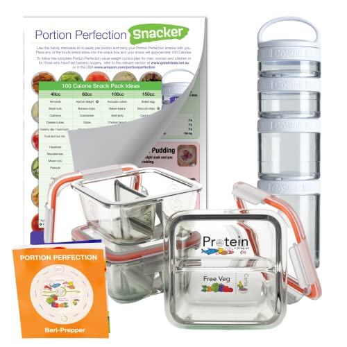 Bariatric Portion Control Lunchbox/Meal Prep Glass Containers 3pk with 100 Cal Snack Container Set, Practical Meal Prep, Gastric Sleeve, Bypass or Band with Protein, Carbs & Veg