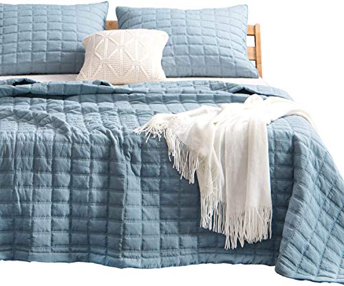 Kasentex Quilt-Bedding-Coverlet-Blanket-Set, Machine Washable, Ultra Soft, Lightweight, Stone-Washed, Detailed Stitching-Solid Color, Single/Twin + 2 Shams, Grey Blue