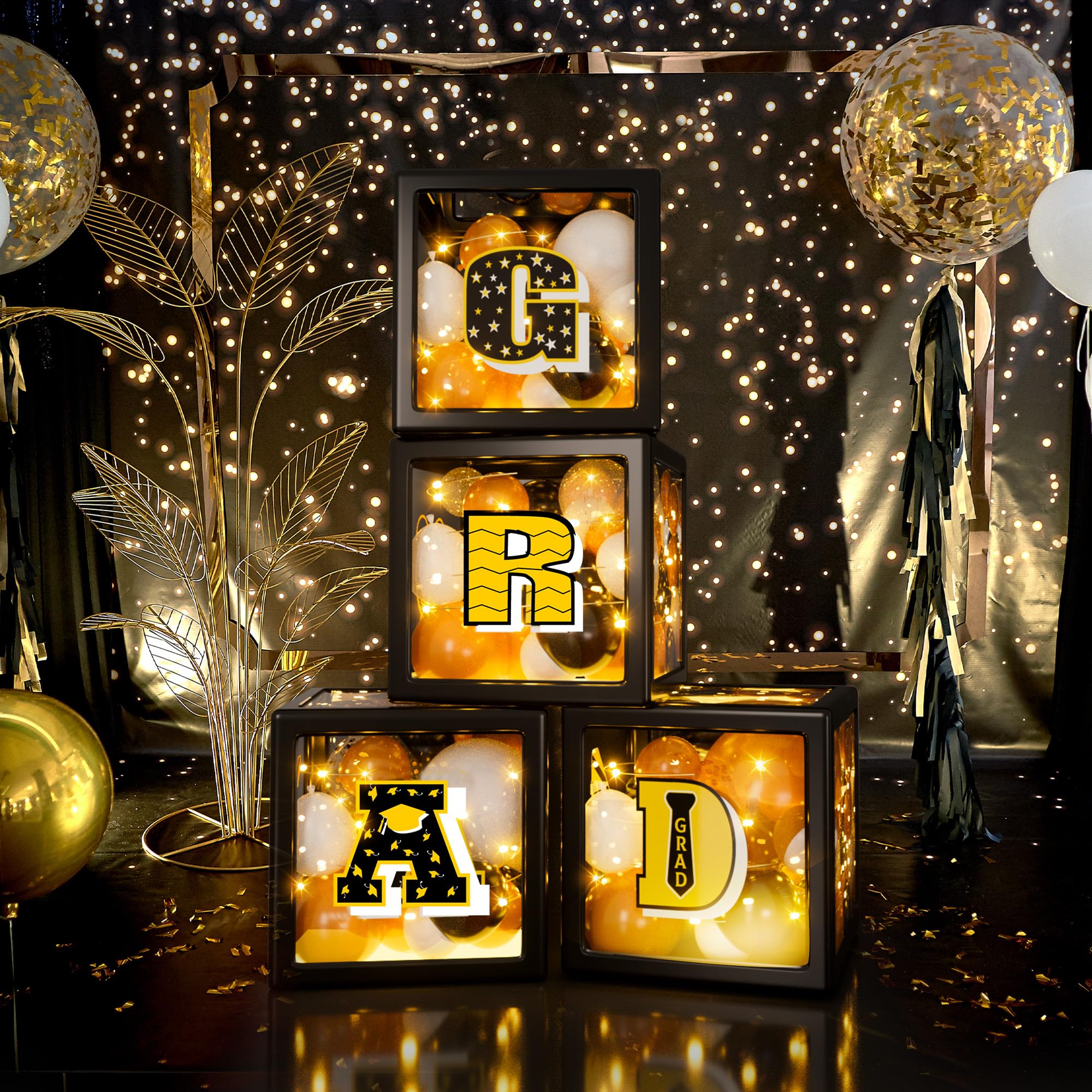 Graduation Decorations Class of 2024, 4 Black Gold Balloon Boxes with Letters Includes LED String Lights 40 Foil Balloons Backdrop for Middle College High School Grad Party Decor