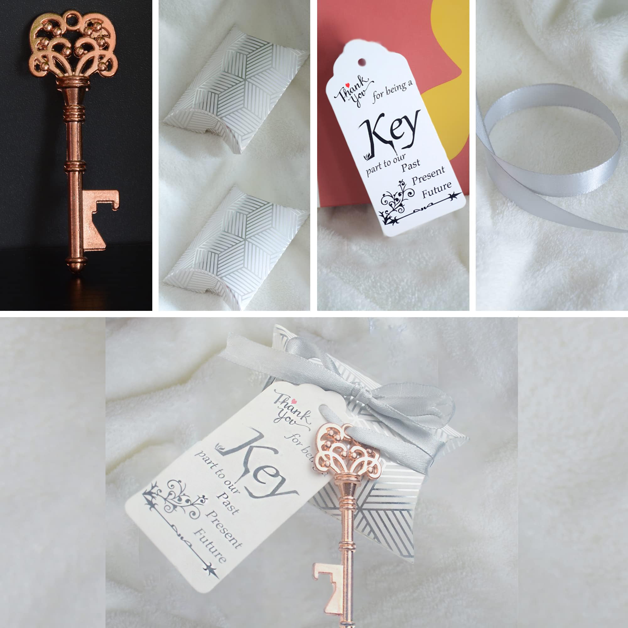 Aokbean 50 Sets Skeleton Key Bottle Openers with Candy Box Wedding Party Favors Souvenir for Guests Escort Gift Card and Ribbon (Rose Gold)