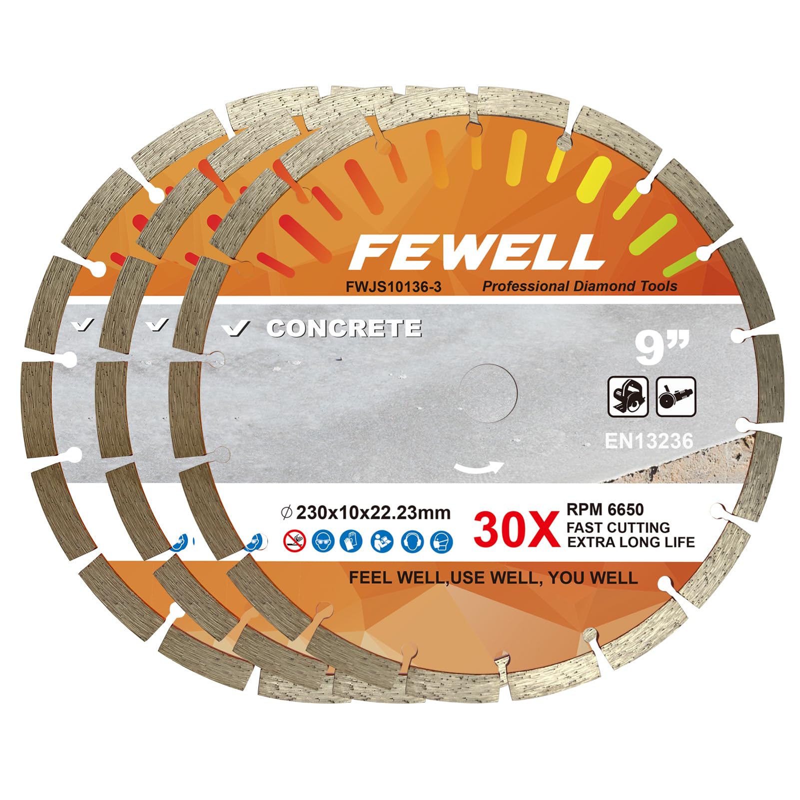 FEWELL 9 Inch Diamond Blade, Segmented General Purpose Blade Dry/Wet Cutting Concrete, Masonry, Brick, Block,Stone (3 Packs)