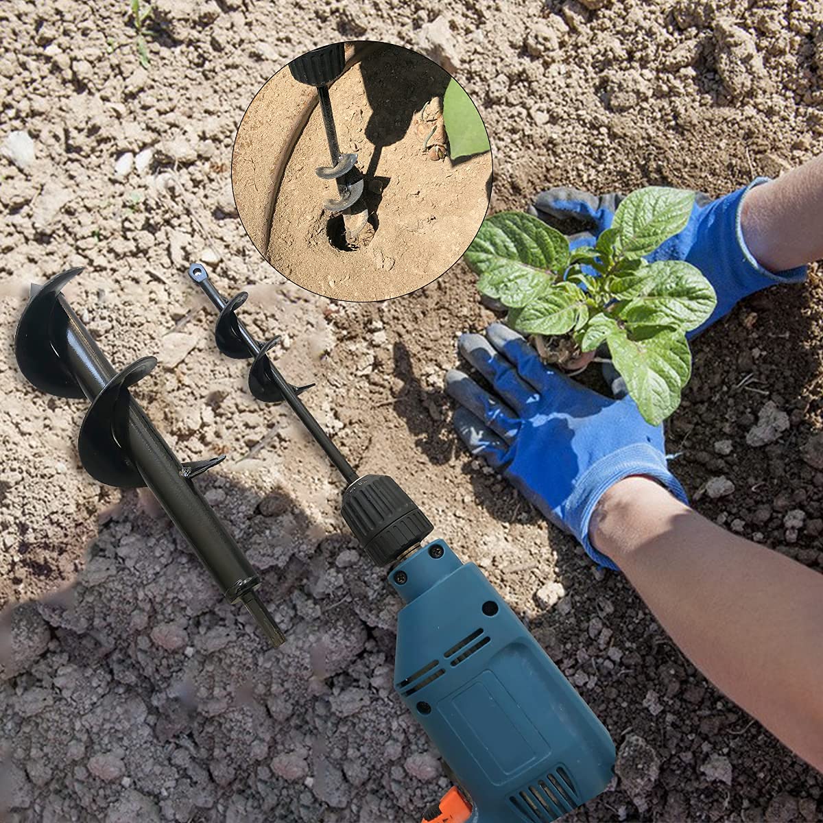 Auger Drill Bit Set(2 PCS 3.2"D x12"L&1.6"D x9"L) Garden Spiral Drill Bit Auger Post Hole Digger for Planting Bulb Flower, Tulips, Iris, Post Umbrella Hole Digger for 3/8” Hex Drive Drill Bulb Planter, Digging Weeds Roots